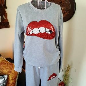 Pants & Jumpsuits | Sequin Lip Sweat Suit Gray | Poshmark